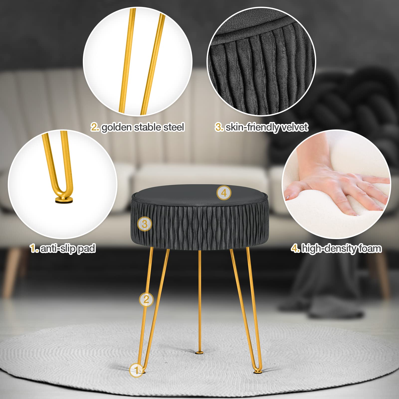 MOOWIND Vanity Stool for Makeup Room Bedroom, Modern Multifunctional Vanity Stools Chair Round Ottoman Velvet Upholstered Seated Foot Rest Dressing Stool with Golden Leg, Side Table End Table,Black