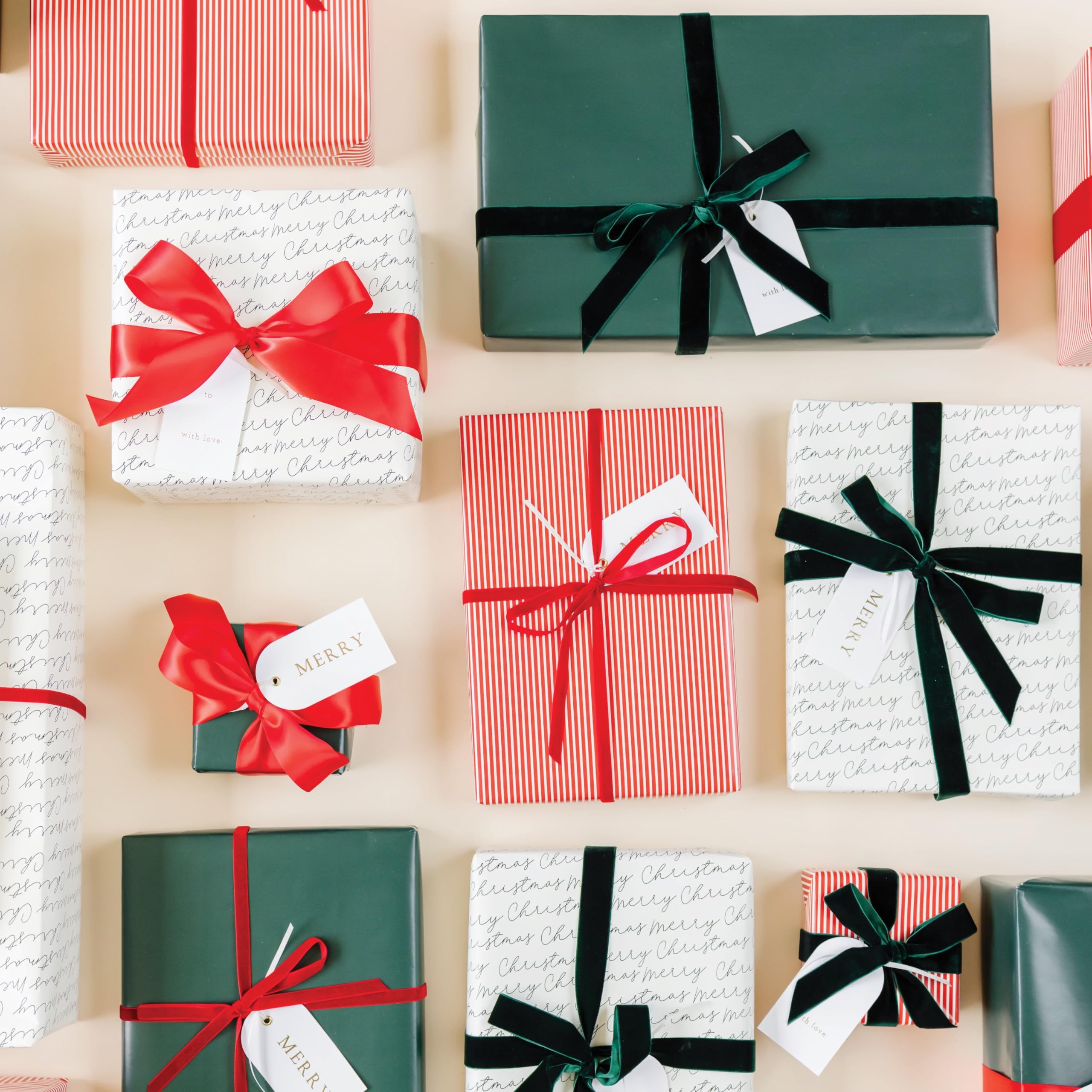 Merry Market 3-pack Premium Satin Christmas Wrapping Paper, Minimal Holiday Gift Wrap, Red Stripe, Solid Green and Merry Christmas - 30β x 168β per roll, 105 square feet total