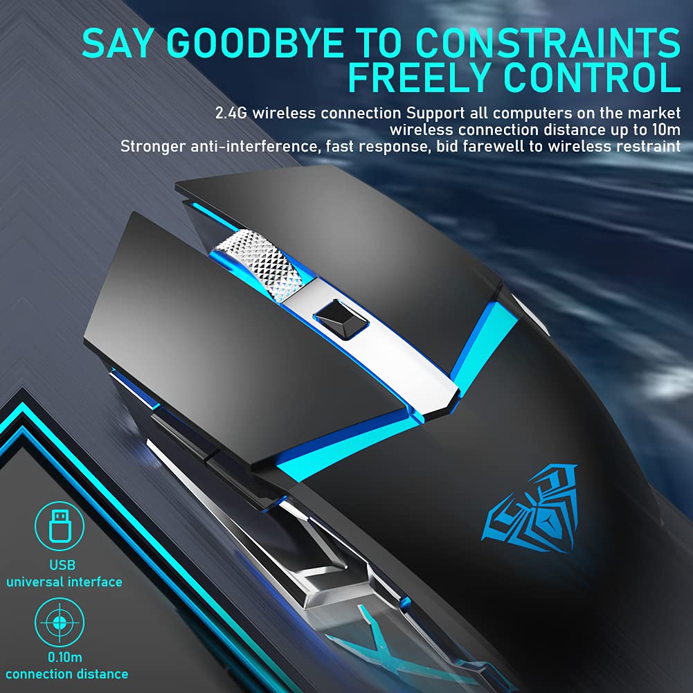 SOLAKAKA Rechargeable Gaming Mouse Wireless, with LED Backlit, Side Buttons, 2.4G Cordless+USB Wired Computer Mice for PC Office/Games, Black…