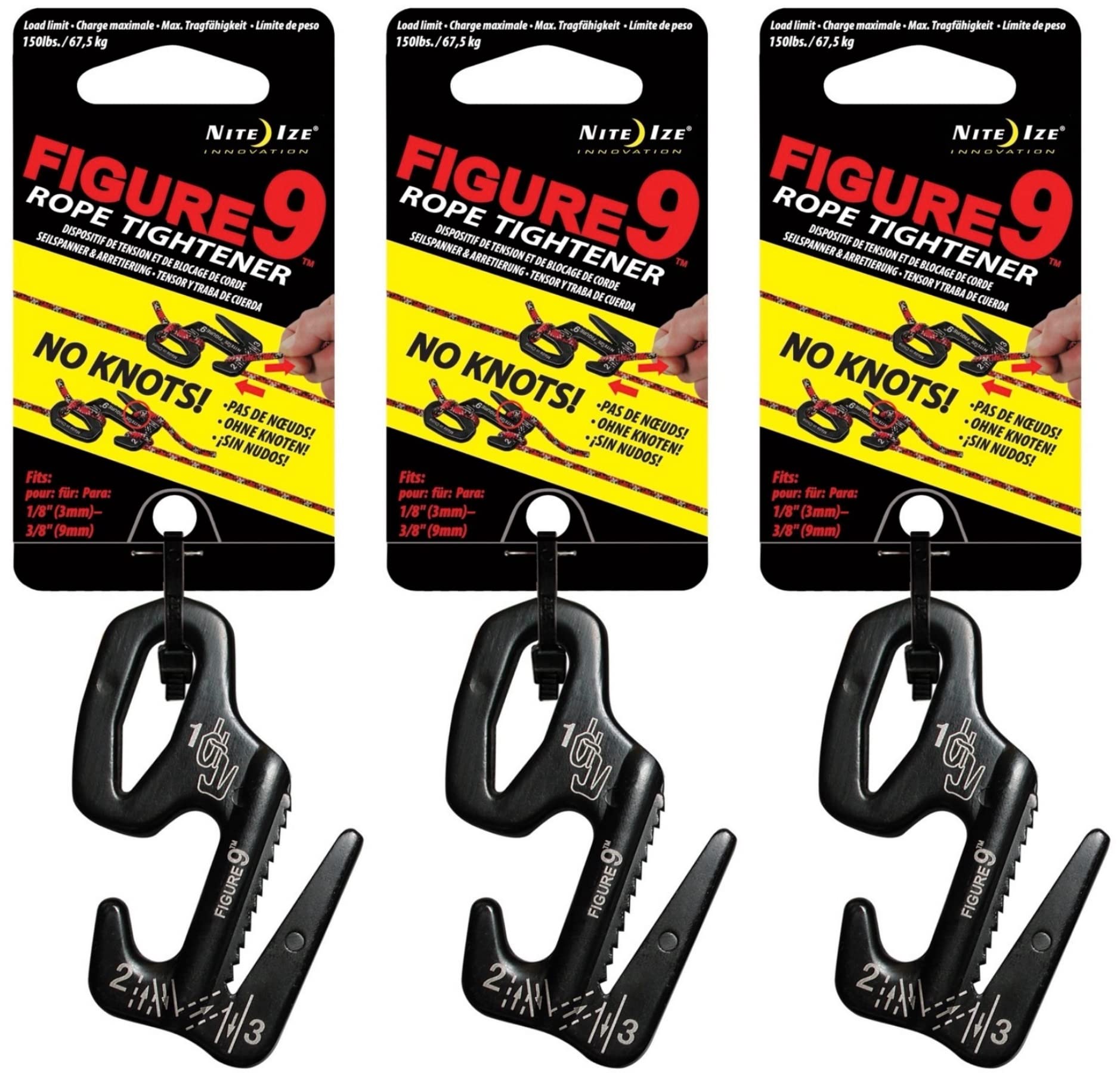 Nite Ize Figure 9 Rope Tightener, Large - Black (3-Pack)