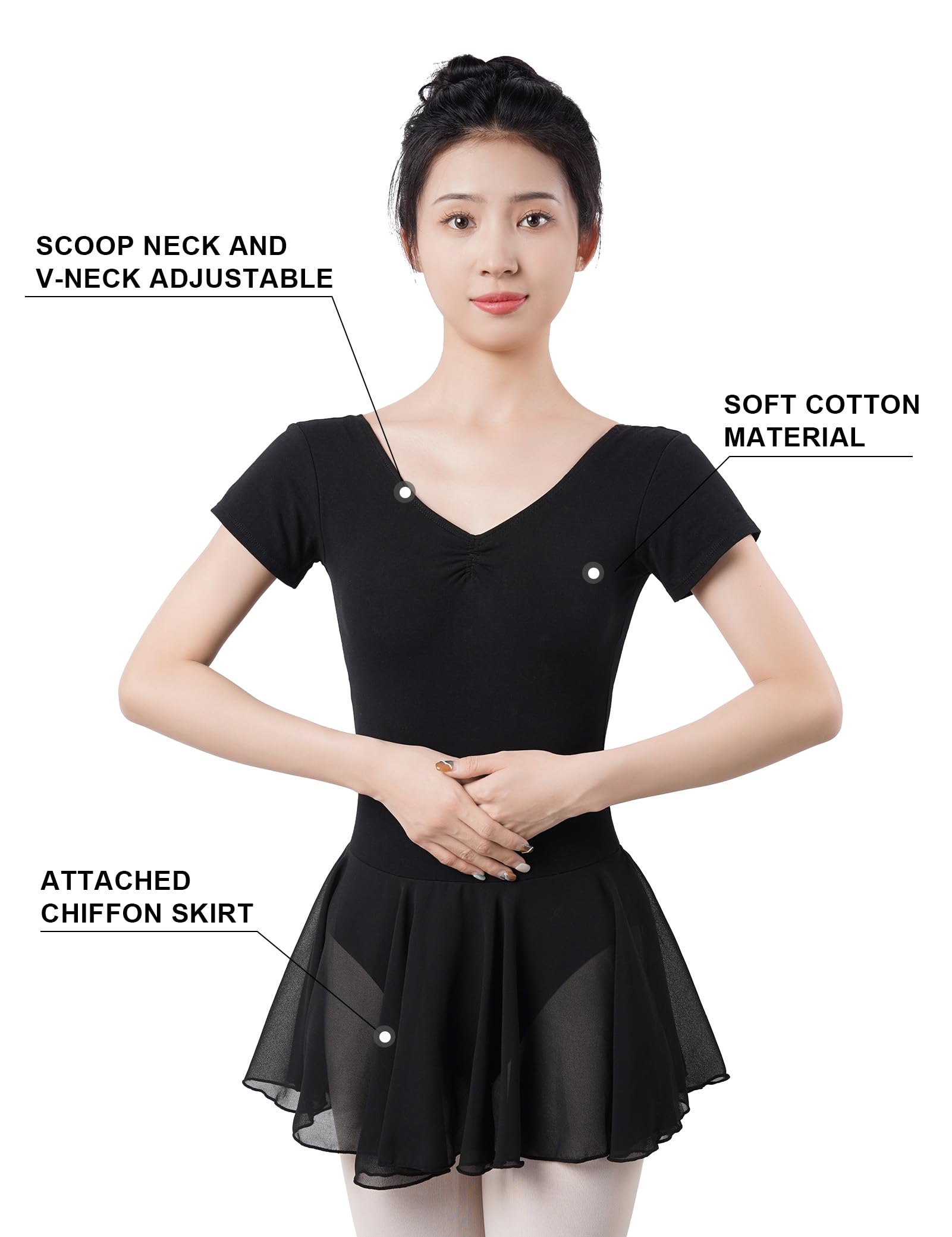 Phoeswan Skirted Dance Leotards, Women's Dance Skirt Black Cotton Short Sleeve Dance Dress for Ballet, Aerobics, Size X-Large