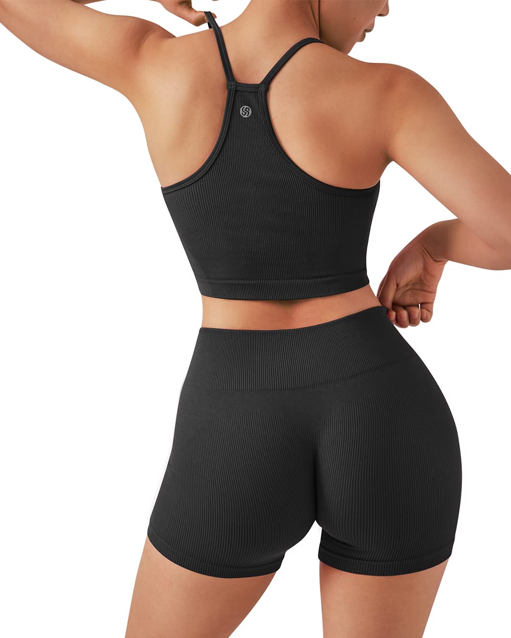 SUUKSESS Women Ribbed Seamless 2 Piece Summer Outfits Crop Top High Waisted Workout Sets (Black,Medium)
