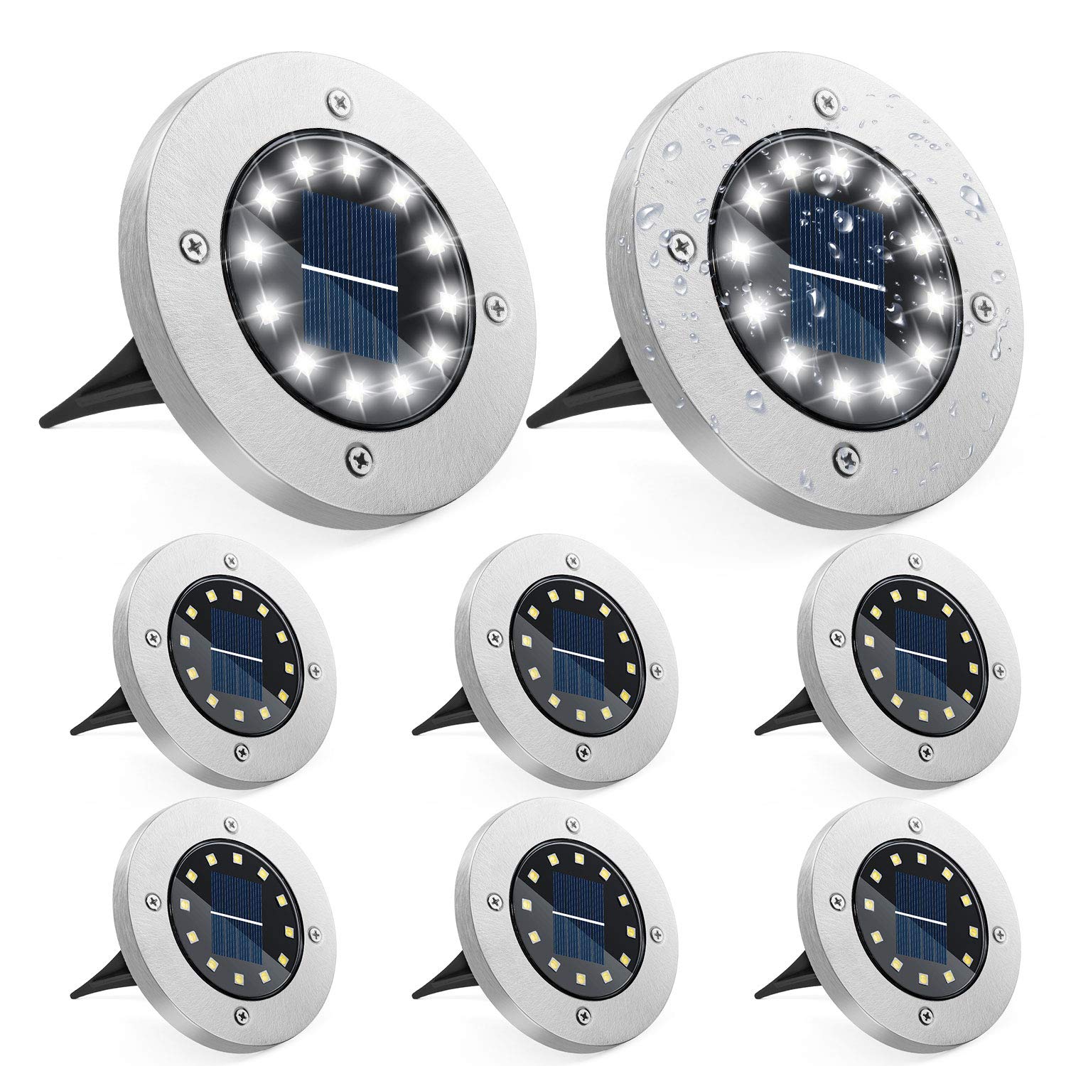 Solar Ground Lights Outdoor 8 Pack -12 LED Solar Powered Disk Lights IP65 Waterproof for Landscape Lighting, Brightright Garden Flat Solar Lights for Lawn Pathway Yard Deck Driveway Walkway (White)