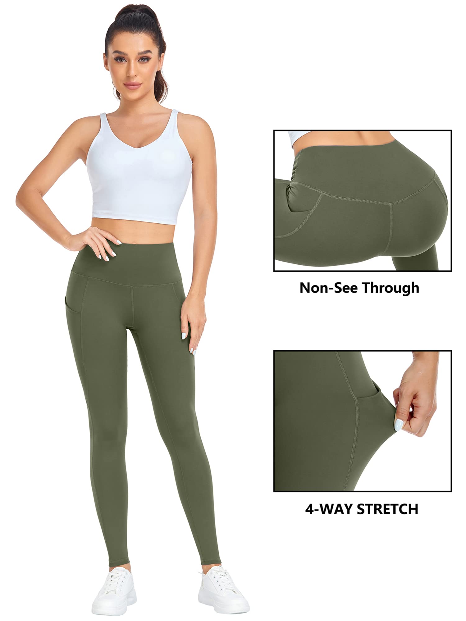 Taydey Women's High Waisted Yoga Leggings with Pockets,Tummy Control Workout Athletic Running Yoga Pants Olive Green L