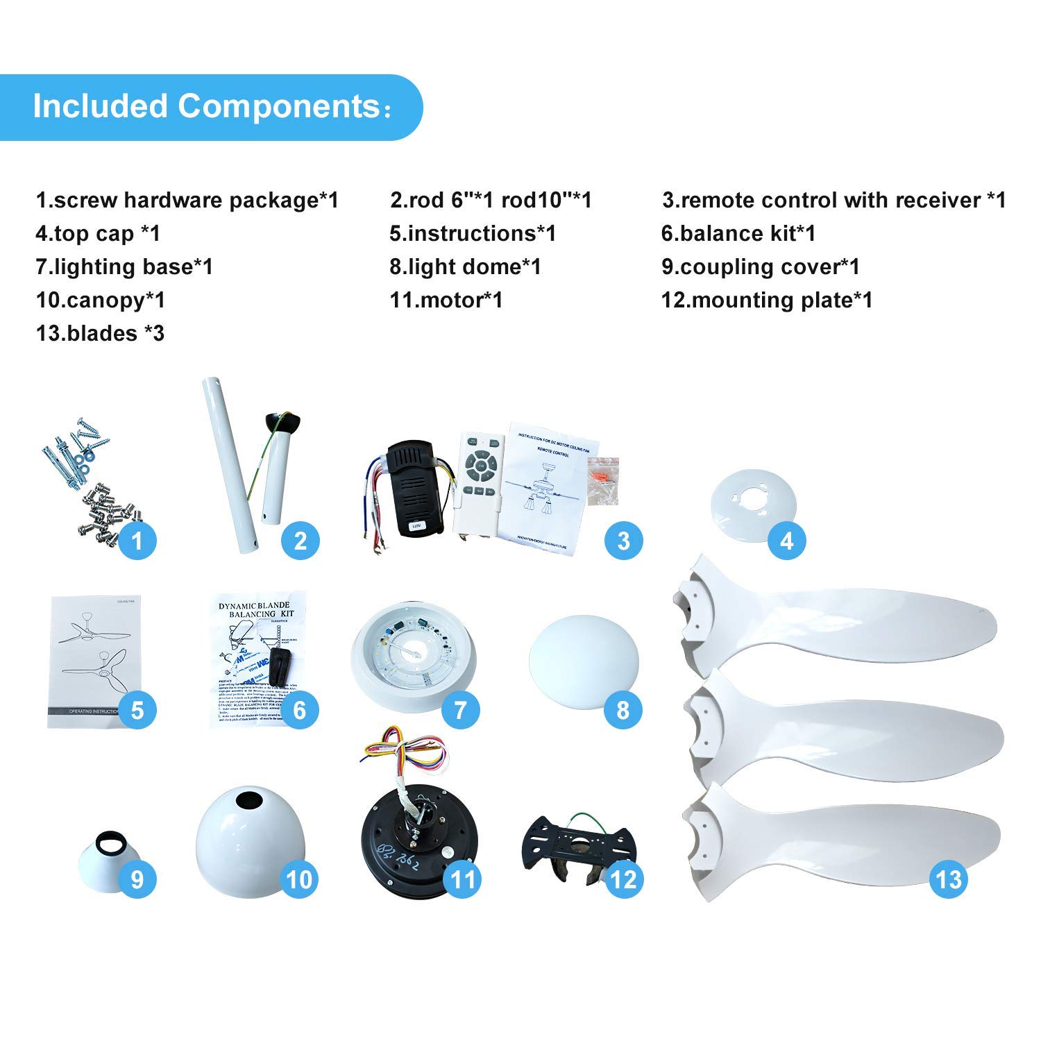 reiga 52-in Bright White Ceiling Fan with Dimmable LED Light Kit Remote Control Modern Blades Reversible DC Motor, 6-speed, Timer (Renewed)