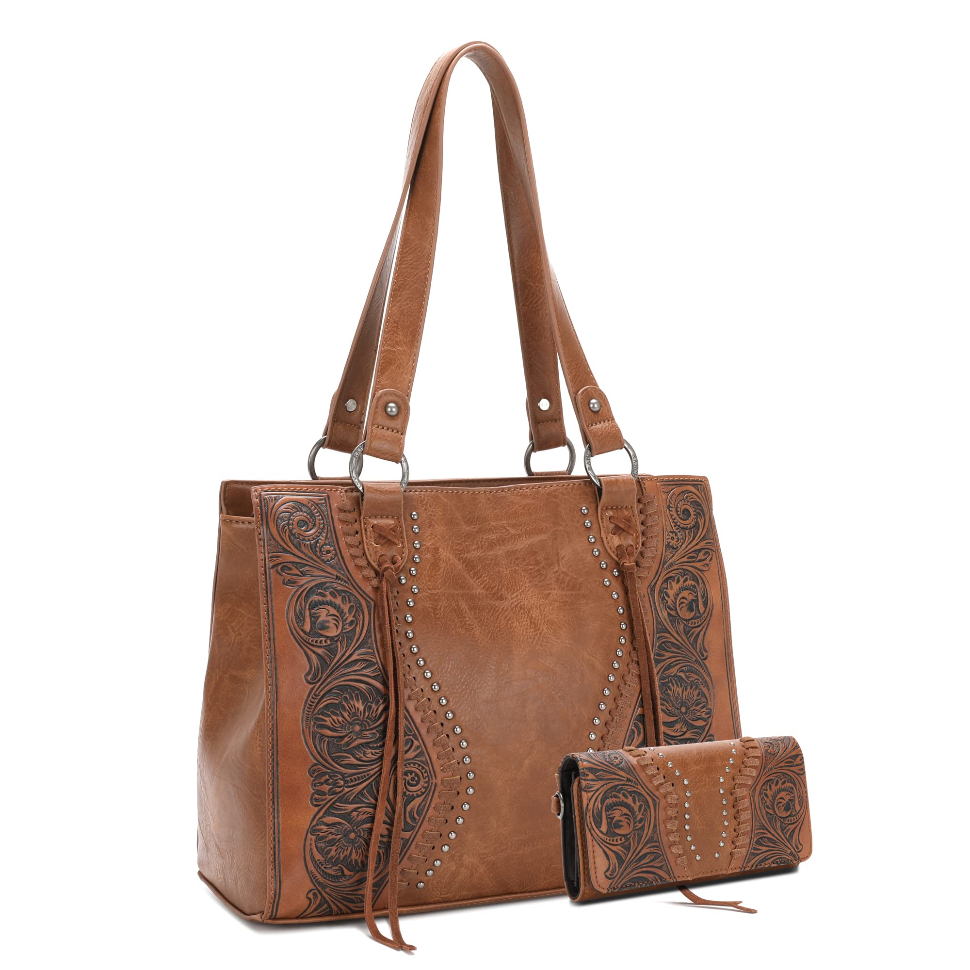 Montana West Trinity Ranch Floral Tooling Hand Bags Purses for Women Tote Bag Western Purse Large Shoulder Handbag with Wallet Set TR147G-8036BR+W