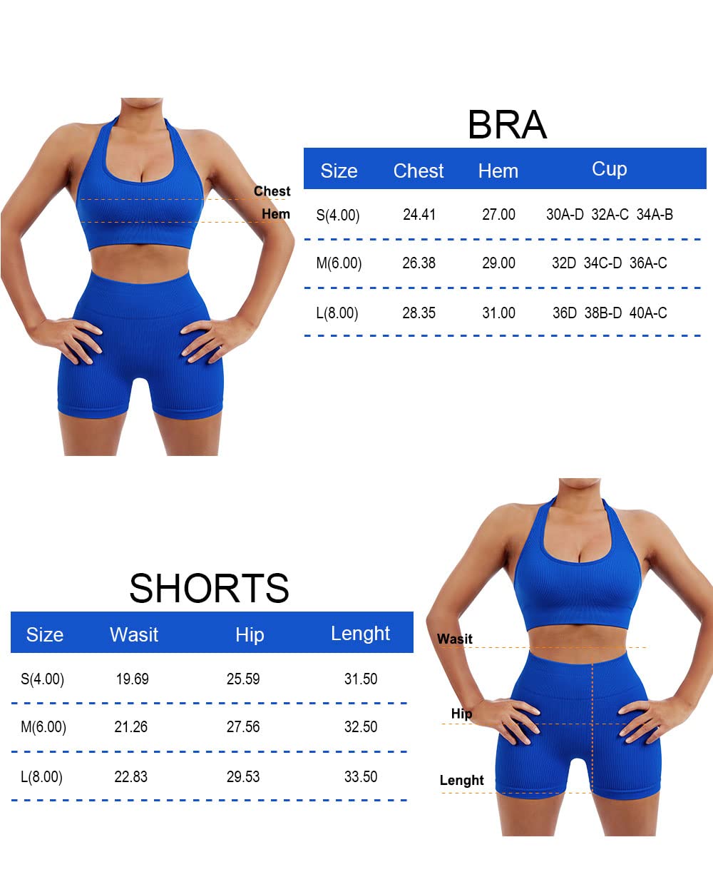 SUUKSESS Women Two Piece Seamless Ribbed Workout Sets Outfits Backless Halter Sports Bra Booty Biker Shorts (Black, S)