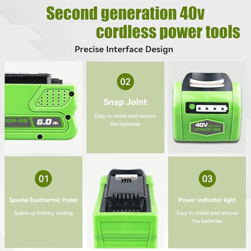 PDstation 6000mAh 40V 29462 Lithium Battery 29472 High-Output Battery Replacement for GreenWorks 40v Battery Compatible with GreenWork 40V G-MAX Power Tools 29252 20202 22262 25312 25322 20642 22272