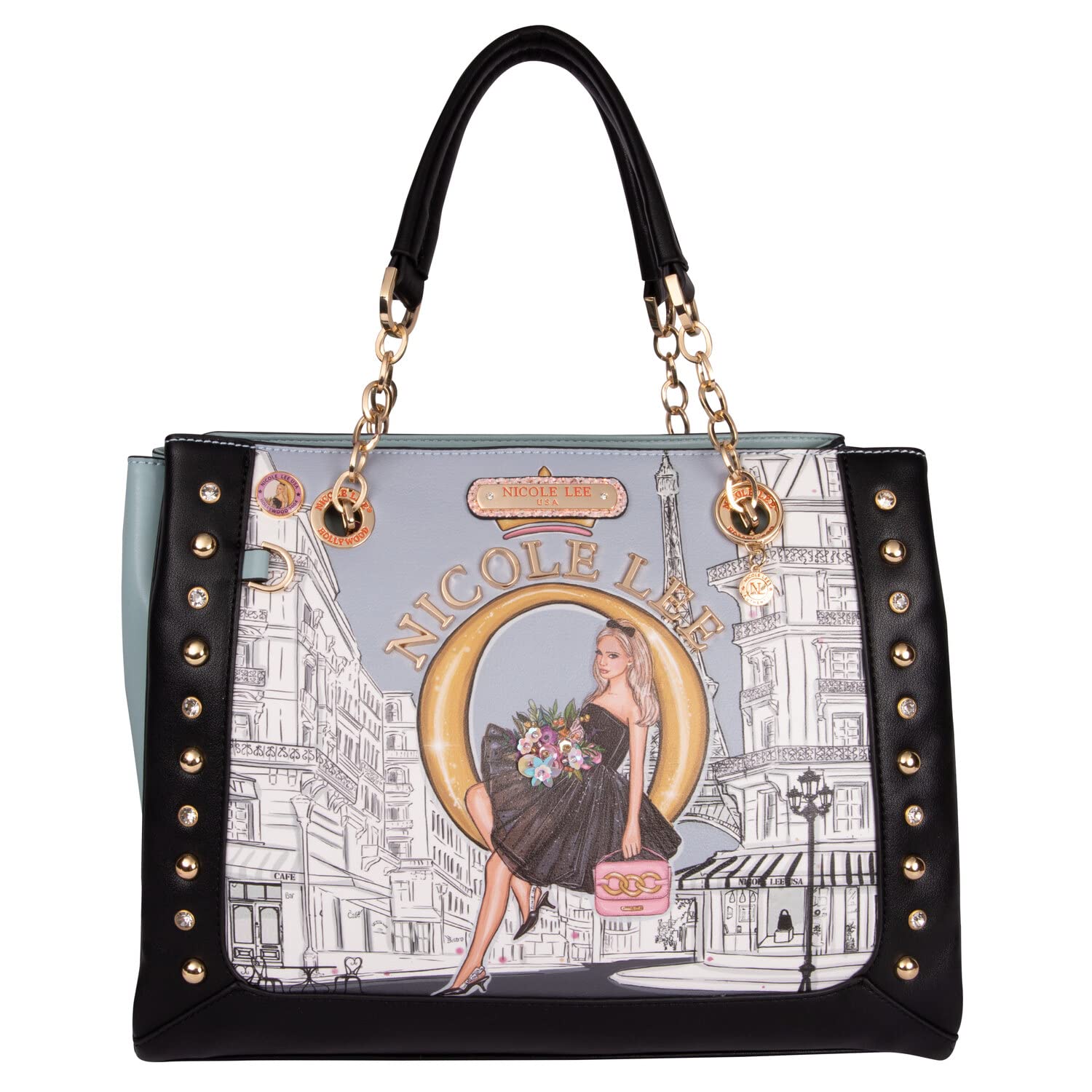 Nicole Lee Dreaming the City Fashion Print Medium Satchel, 3 Compartents, Chain Link Handles, Rhinestone Flower Sequins