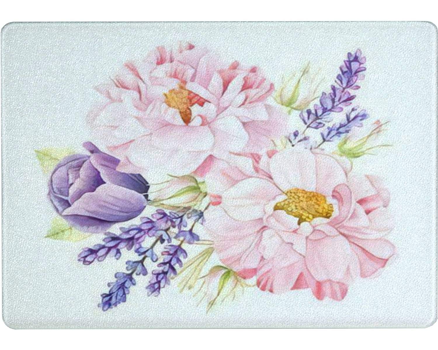 Tempered Glass Cutting Board Watercolor floral bouquet of vintage botanical illustration of big Tableware Kitchen Decorative Cutting Board with Non-slip Legs, Serving Board, Large Size, 15" x 11"