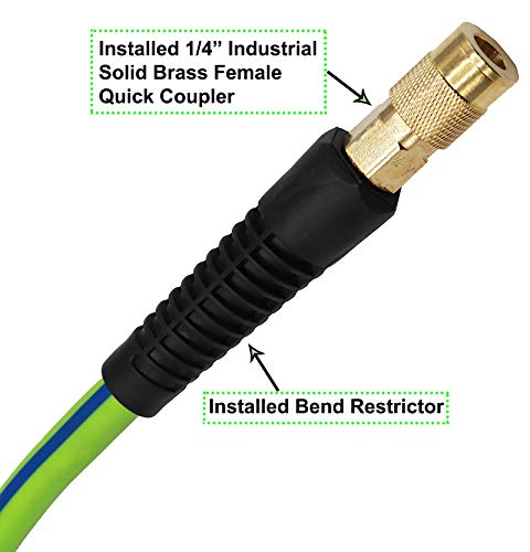 YOTOO Air Hose 1/4 in x 25 ft, Heavy Duty Hybrid Air Compressor Hose, Flexible, Lightweight, Kink Resistant with 1/4" Industrial Quick Coupler Fittings, Bend Restrictors, Green+Blue