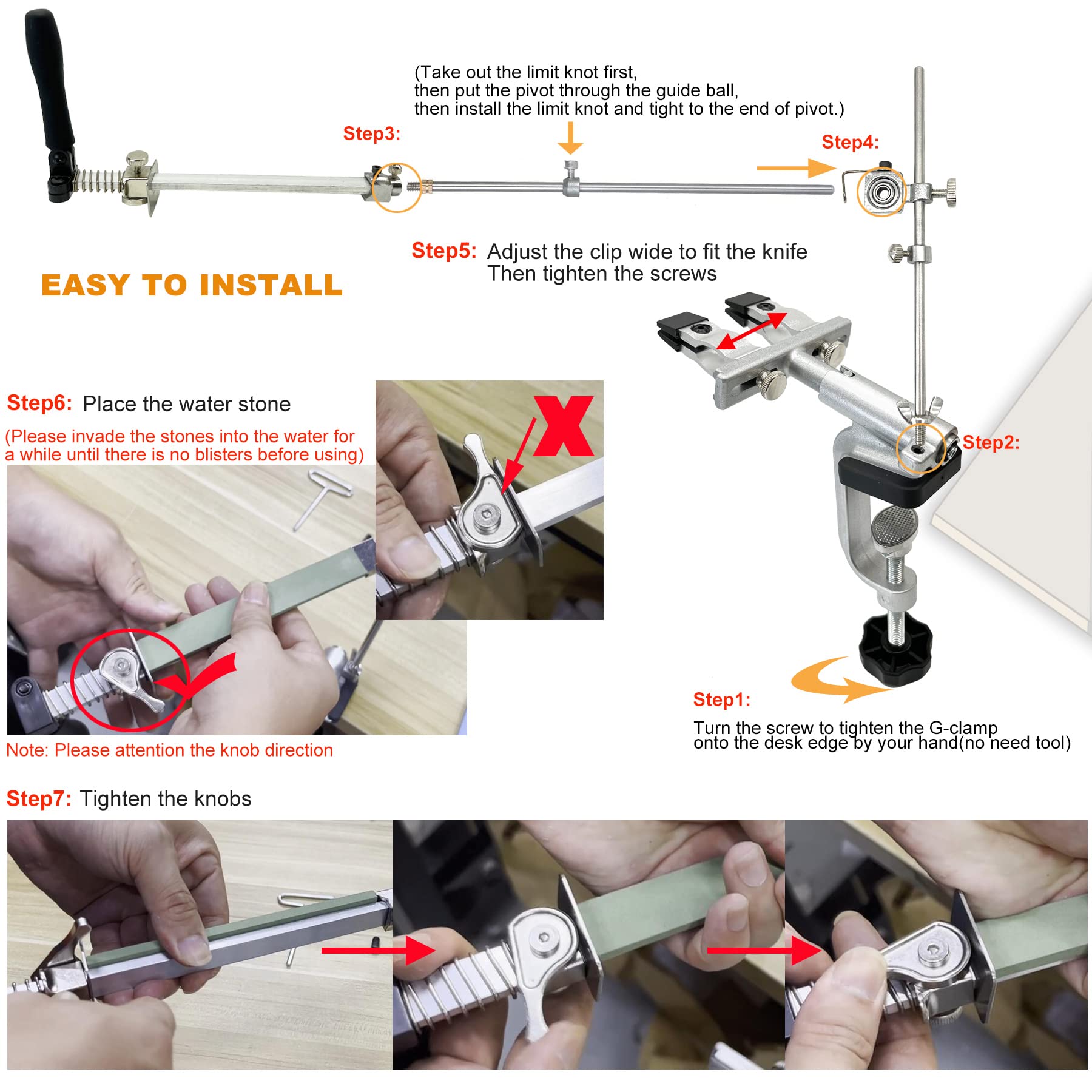 Professional Knife Sharpener With Whetstones, Stainless Steel Kitchen Knife Sharpening Kit Polishing Tool for Home, Clamping, Garden Knives/Blades
