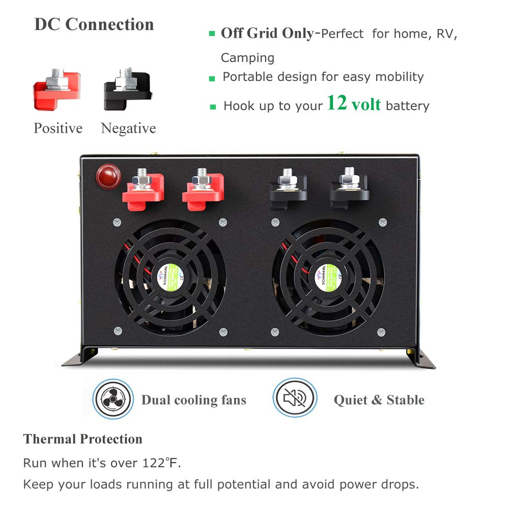 Reliable 5000W Continuous Power Heavy Duty Pure Sine Wave Power Inverter DC 12V to AC 110V 120V with Dual AC Outlets 41Amps Hardwire Terminal and LED Display for RV Car Solar System Emergency