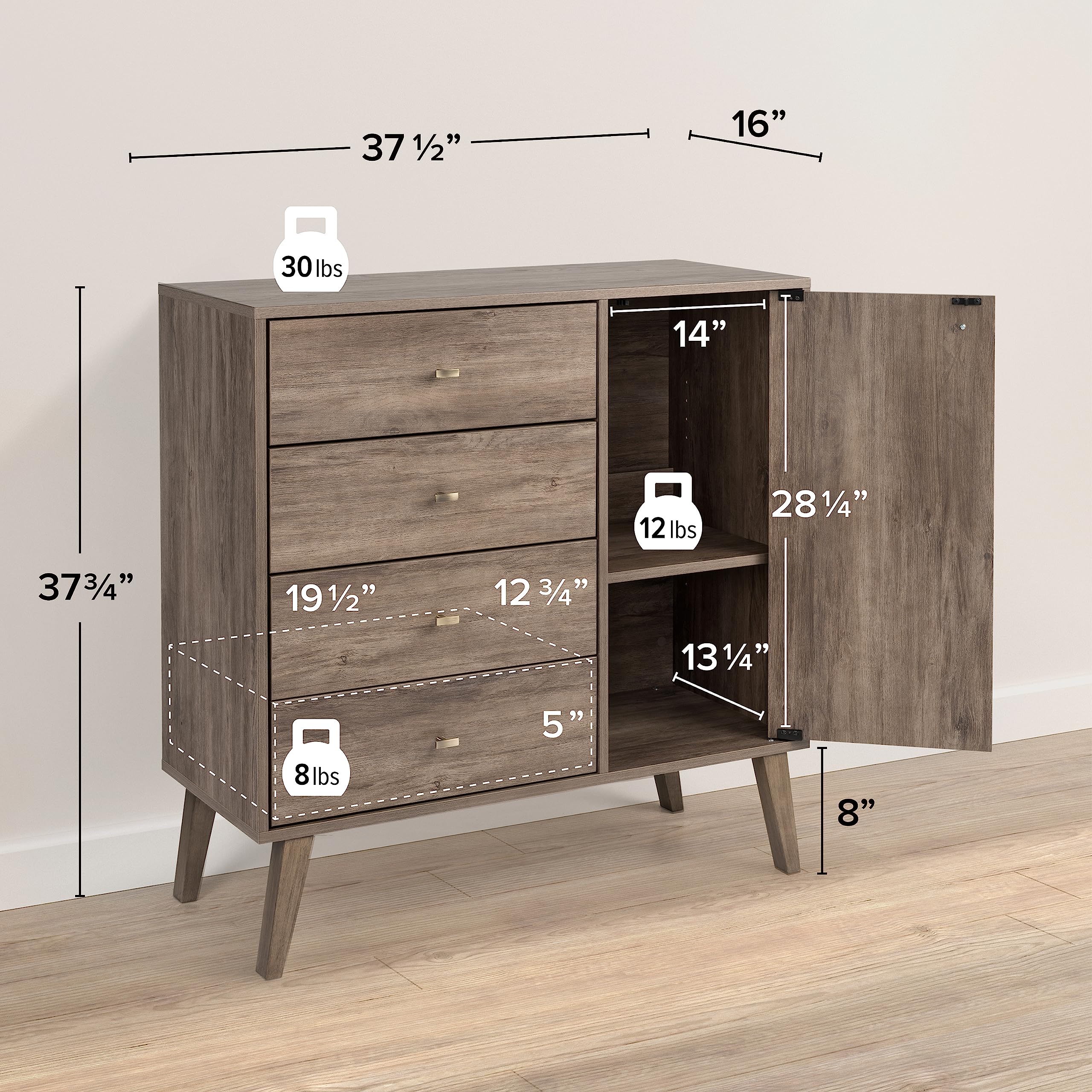 Prepac Milo Mid-Century Modern 4-drawer Chest with Door, Black