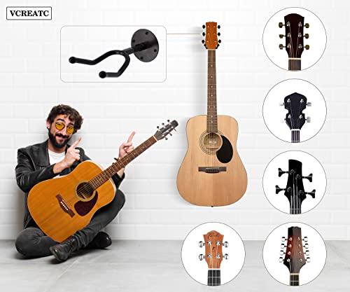 VCREATC Guitar Wall Mount, Guitar Wall Hanger, Guitar Holder, 2 Pack Foldable Metal Hooks, Display Electric Acoustic and Bass Guitars (Black)