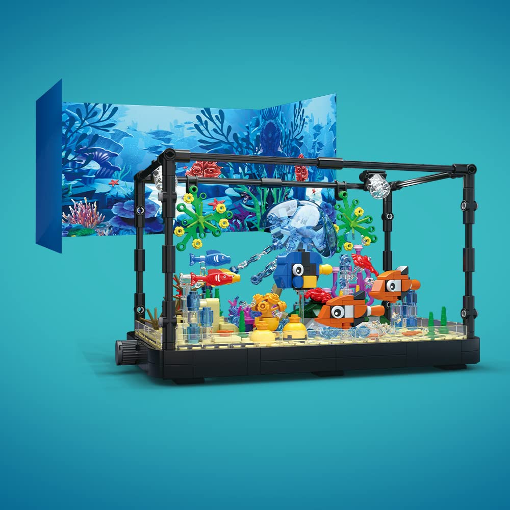 Mesiondy Fish Tank Building Block Set with Light,Aquarium,Marine Jellyfish, Building Block Toy for Kids 6, Home Decor