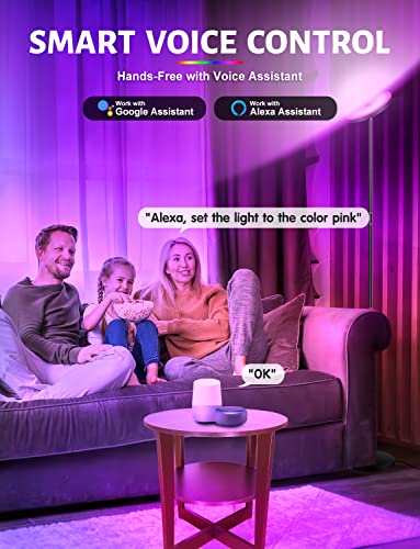 Smart RGB Floor Lamp Works with Alexa Google Home, App Remote & Touch Control, Million Colors Changing & Dimmable, Music Sync Timmer Angle Adjustable Modern Tall Standing Lamp for living room, bedroom
