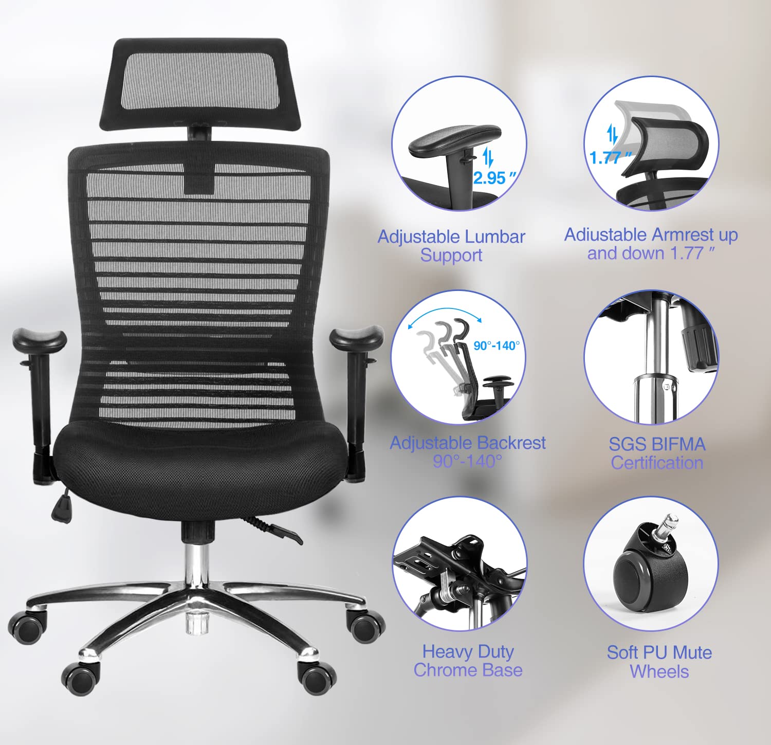 NOVELLAND Ergonomic Reclines Office Chair with Adjustable Lumbar Support and Rollerblade Wheels - High Back with Breathable Mesh - Adjustable Head & Arm Rests