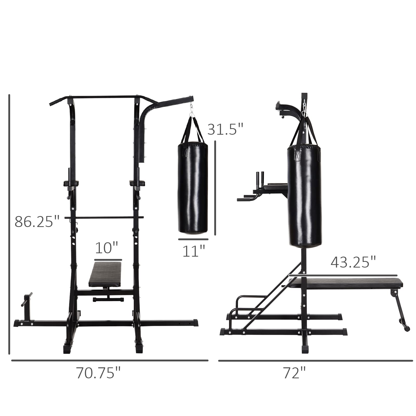 Soozier Heavy-Duty Power Tower Dip Station Pull Up Bar with Foldable Workout Bench and Punching Bag, Multi-Functional Adjustable Strength Training Equipment Power Rack Fitness Equipment for Home Gym