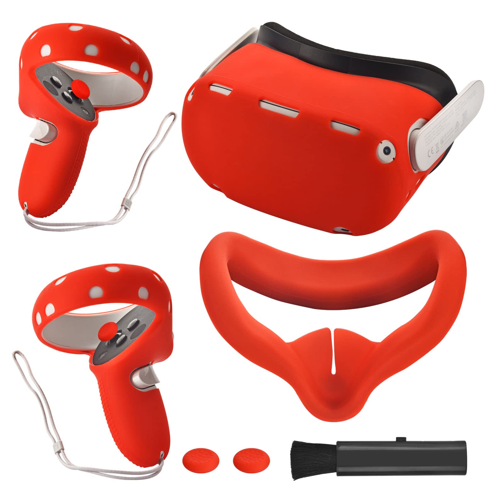 Silicone Controller Grip for Oculus Quest 2 Accessories, with VR Headset Lens Cleaning Pen, Thumb Button Cap,Protective Lens Cover, Silicone Face Cover Sweat Guard Anti-Leakage Pad (red)