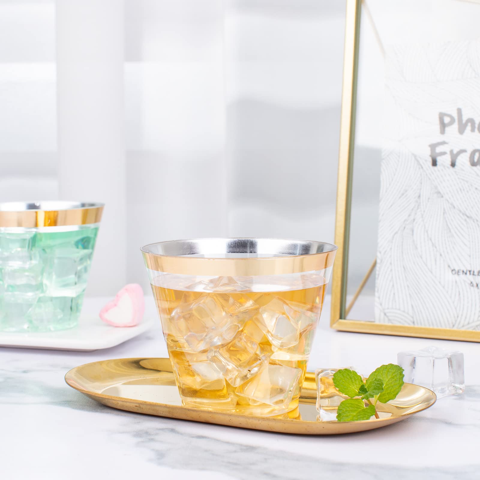LUODA 150 PACK Gold Rimmed Plastic Cups - 9OZ Disposable Plastic Cups Tumblers, Clear Fancy Weddings Cups, Elegant Party Cups with Gold Rim