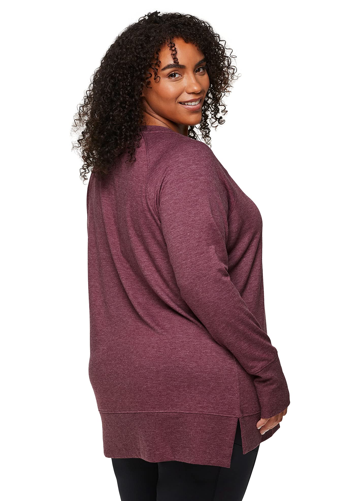 RBX Active Women's Plus Size Fashion Yoga Long Sleeve Crewneck Relaxed Fit Lightweight French Terry Pullover Tunic Solid Dark Red 1X