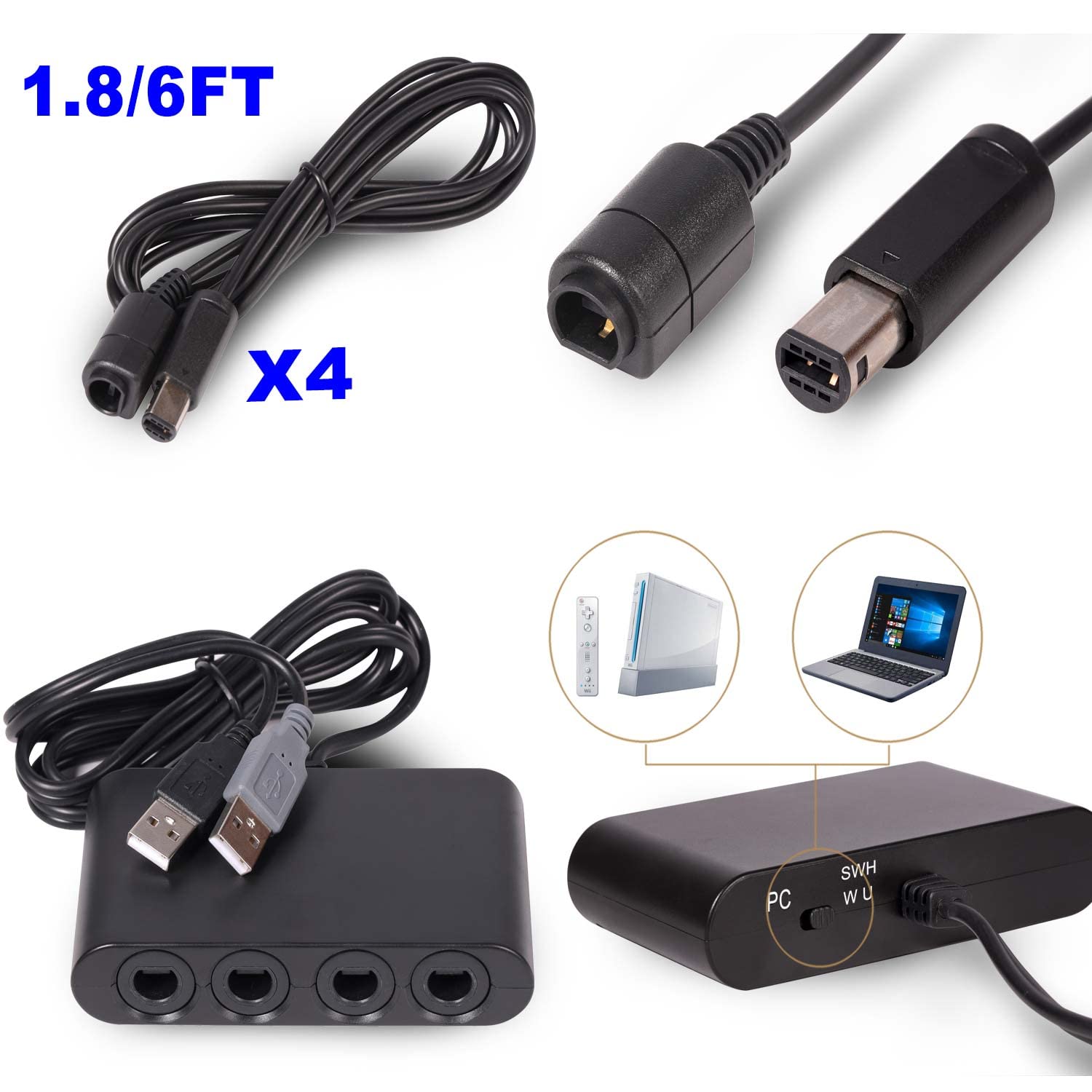 Yoana Game cube Controller 4 Pack, Wired Controller, and 4-Port USB Adapters for Nintendo Gamecube Switch PC and Wii U Console - Enhanced