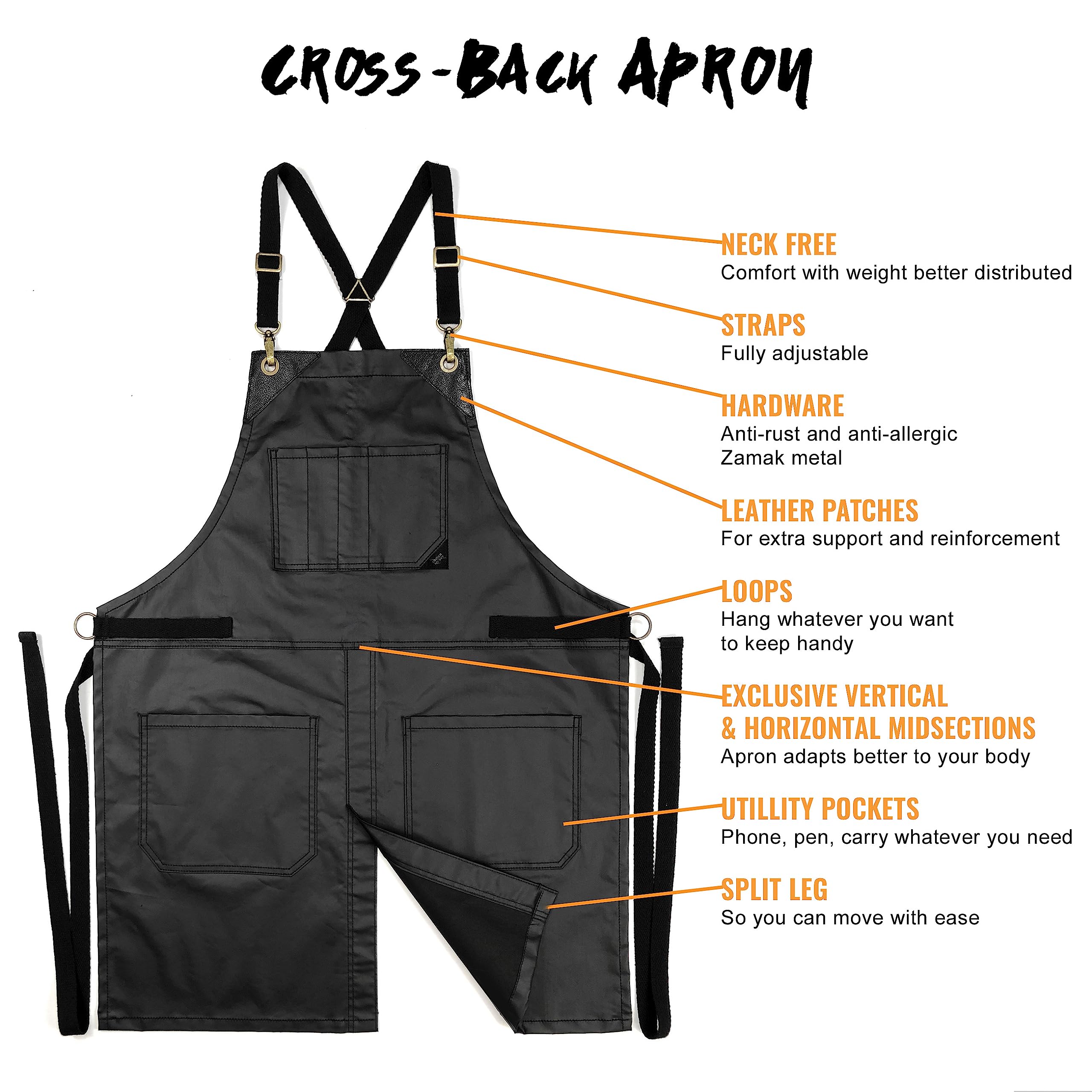 Under NY Sky Cross-Back Panther Black Apron β Coated Twill with Leather Reinforcement and Split-Leg β Adjustable for Men and Women β Pro Barber, Tattoo, Hair Stylist, Barista, Bartender, Server Aprons
