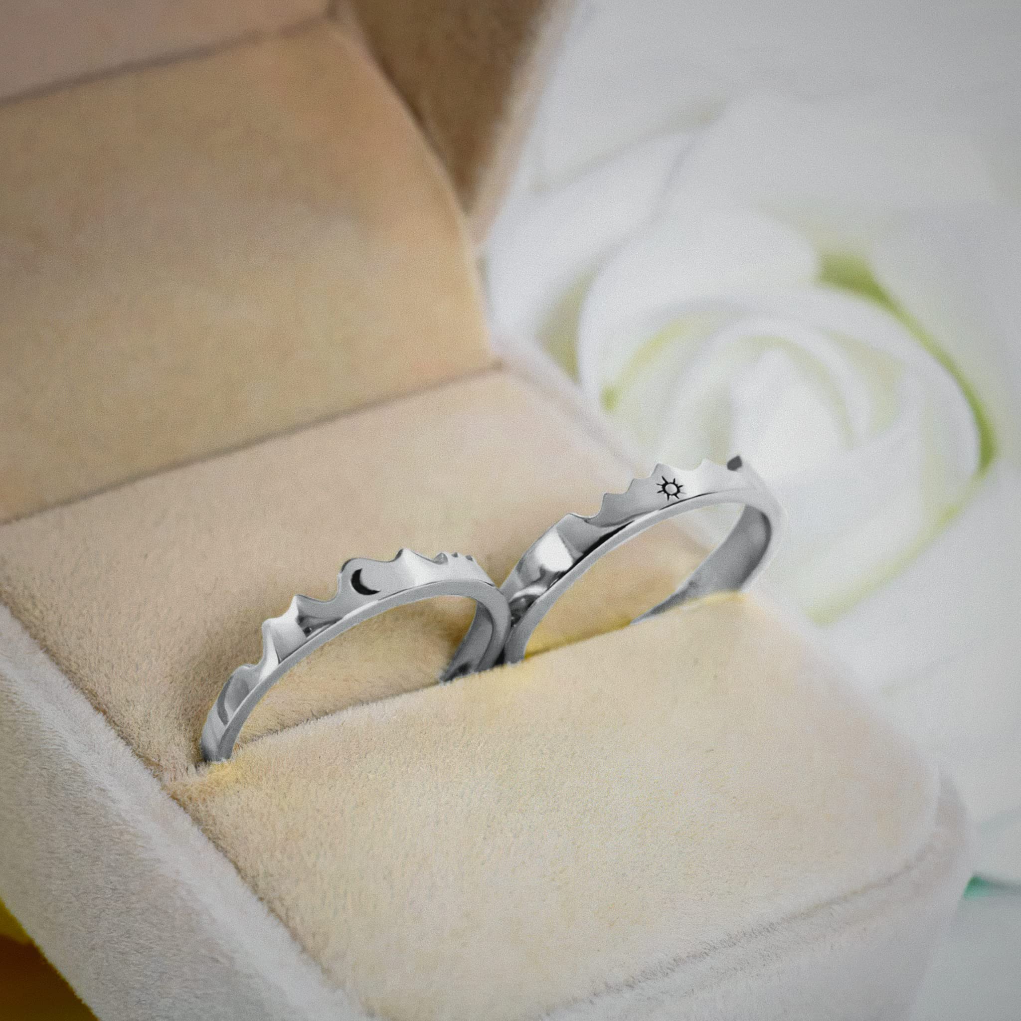 Wizaba Sun and Moon Matching Rings Set in Silver - Adjustable, Symbolic Couple or Friendship Rings