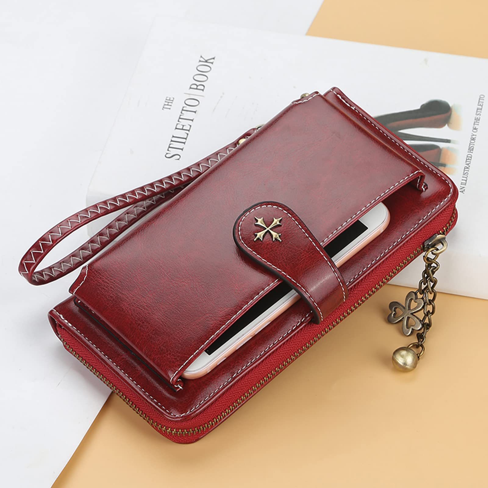 ZHIERNA PU Leather Wallet for Women, Credit Card Holder for 6.67in Cellphone, Zipper Around Wristlet Wallets (Wine Red)