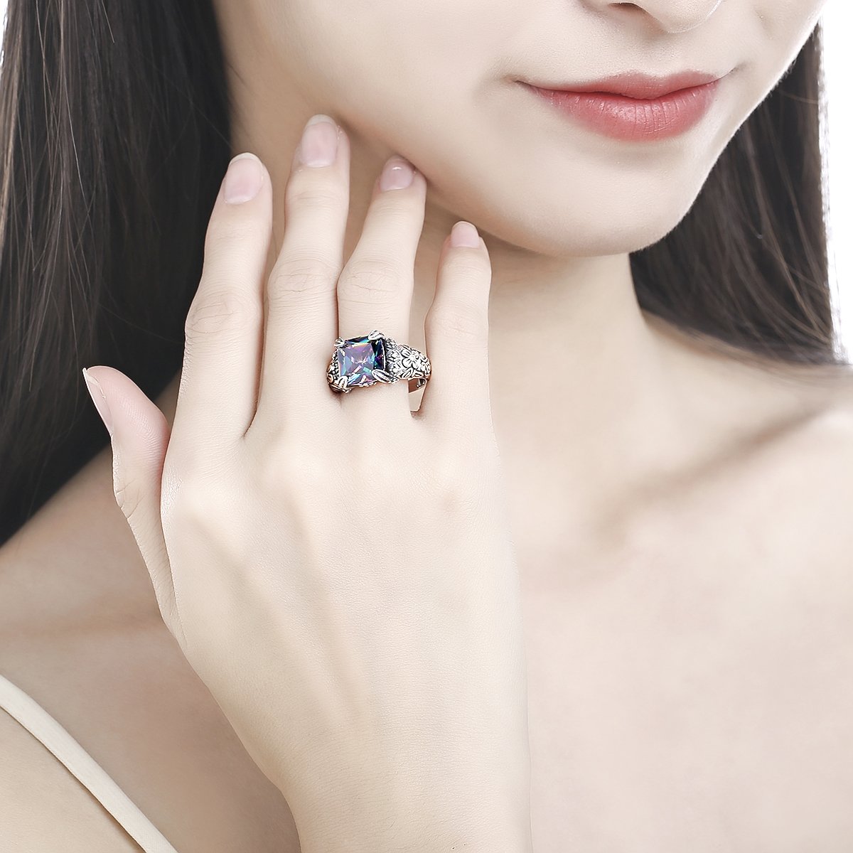 Merthus 10x10mm Princess Cut Simulated Mystic Rainbow Topaz Antique Design Black Oxidized Finish 925 Sterling Silver Floral Band Gemstone Ring for Women Size 7