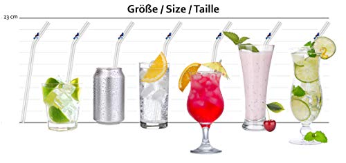 STRAWGRACE Handmade Glass Straws with Coloured Blossoms, Bent - independently tested in DE - Set of 5 with Cleaning Brush - Glass Drinking Straws, Ideal for Cocktail, Smoothie etc - 23 cm x 8 mm