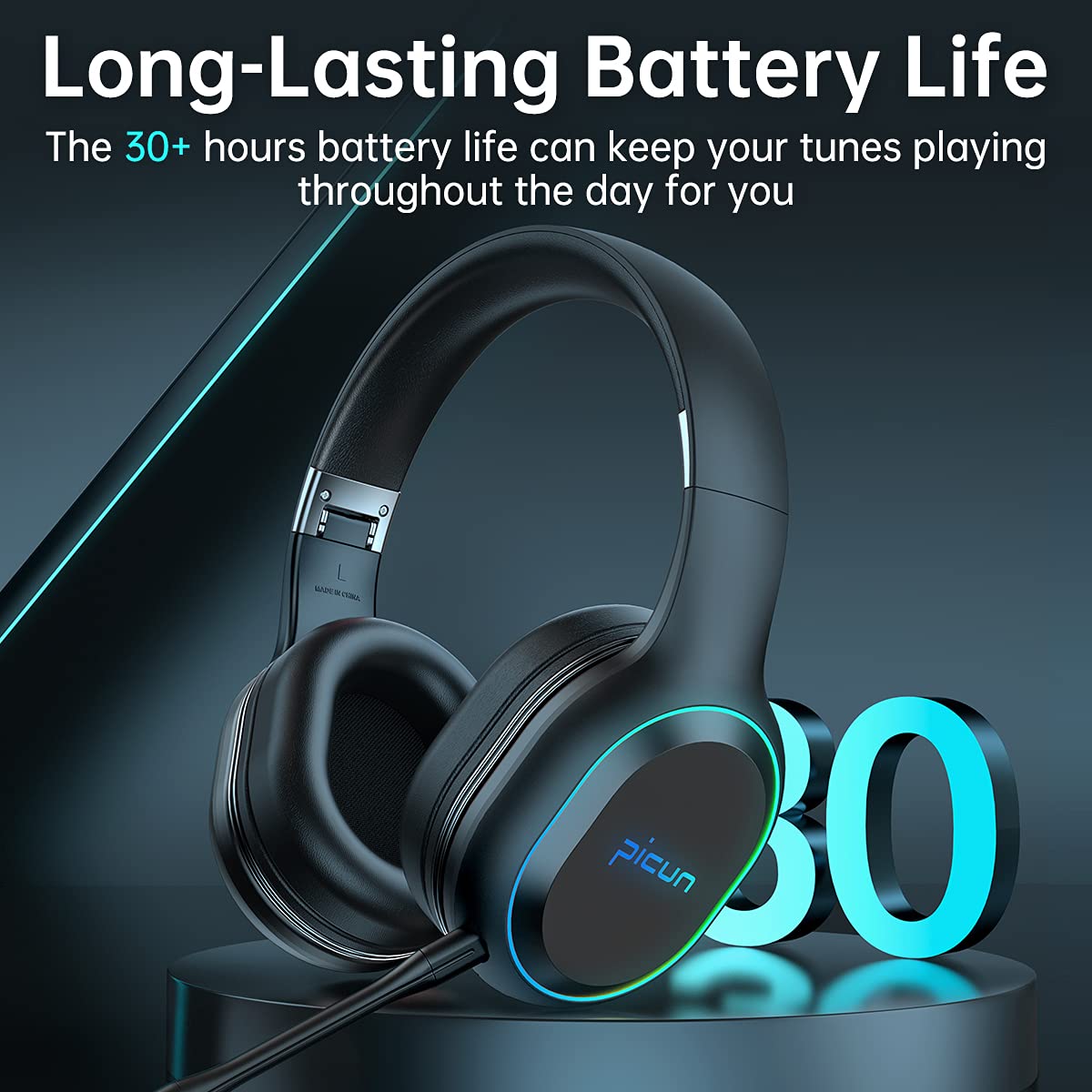 Picun P80-XH Bluetooth Gaming Headset, Dual-Driver Wireless Headphones Only for Phone, 3.5mm Cable Wired for X-Box, PS4, PS5, 30H Playtime with RGB Light, Hi-Fi Stereo Immersive Vibrating Gaming Sound