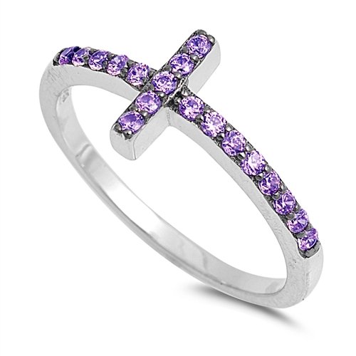 Precious Gem Jewellers Sterling Silver February Birthstone Cz Sideway Cross Ring