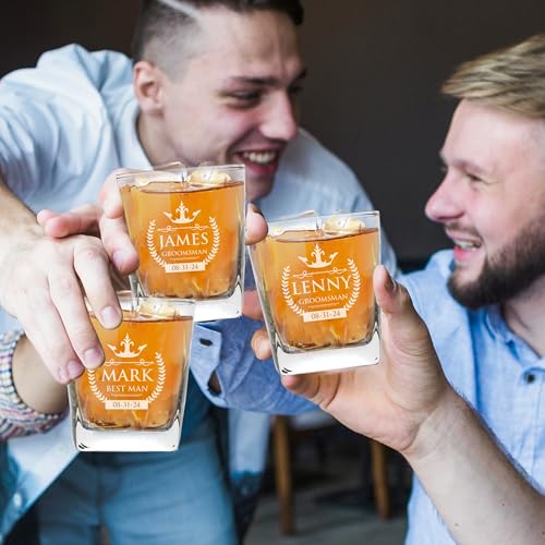 Set of 1, 3, 7 and More Custom Personalized Whiskey Rocks Glasses for Bachelor Party - Engraved Square Rocks Glass Gifts for Groom, Groomsman - Royal Style (7)