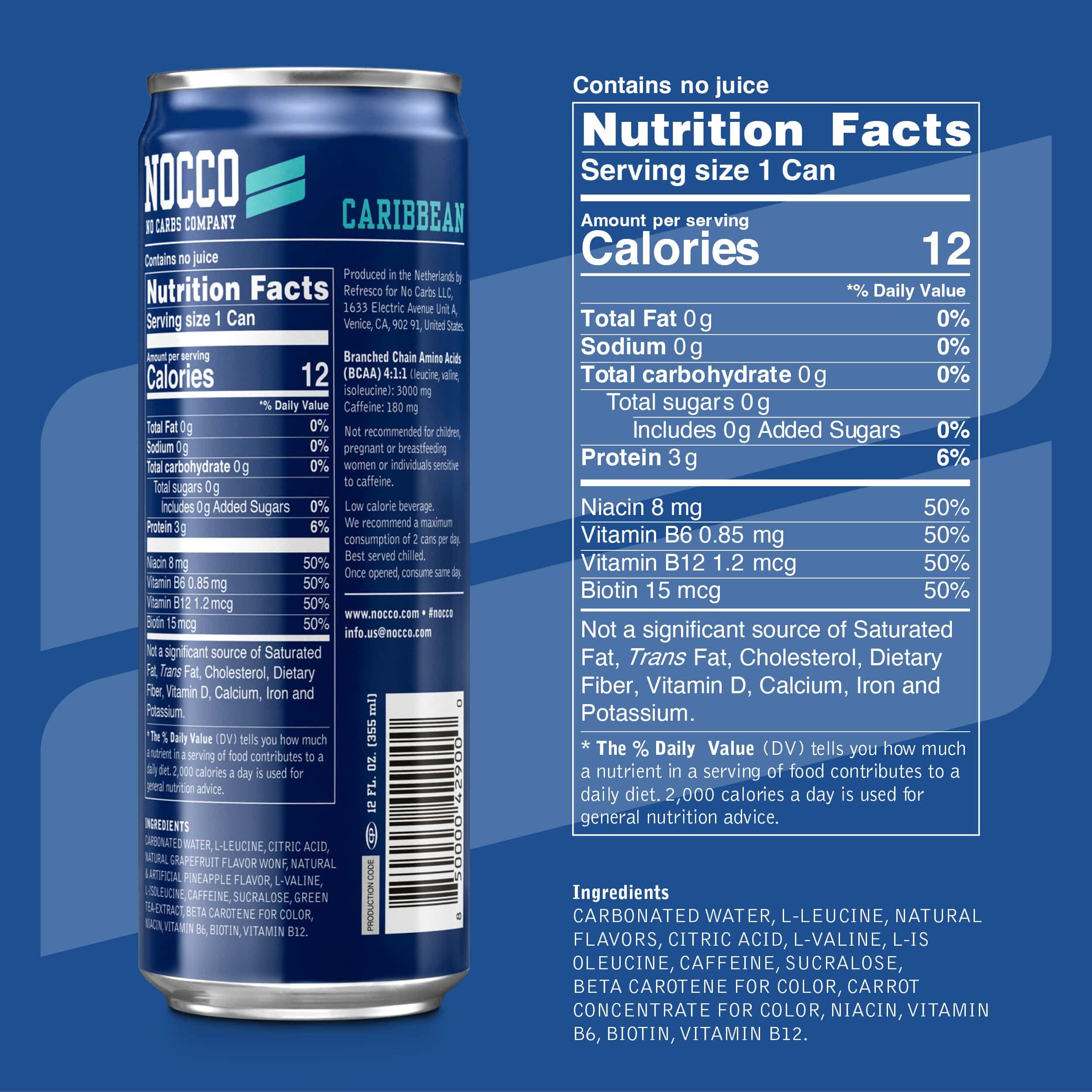 NOCCO BCAA Energy Drink Caribbean Pineapple - 12 Fl Oz (Pack of 12) - 180mg Caffeine, Sugar Free Energy Drinks - Carbonated, Low Calorie, BCAAs, Vitamin B6, B12, & Biotin - Grab & Go Performance Drink