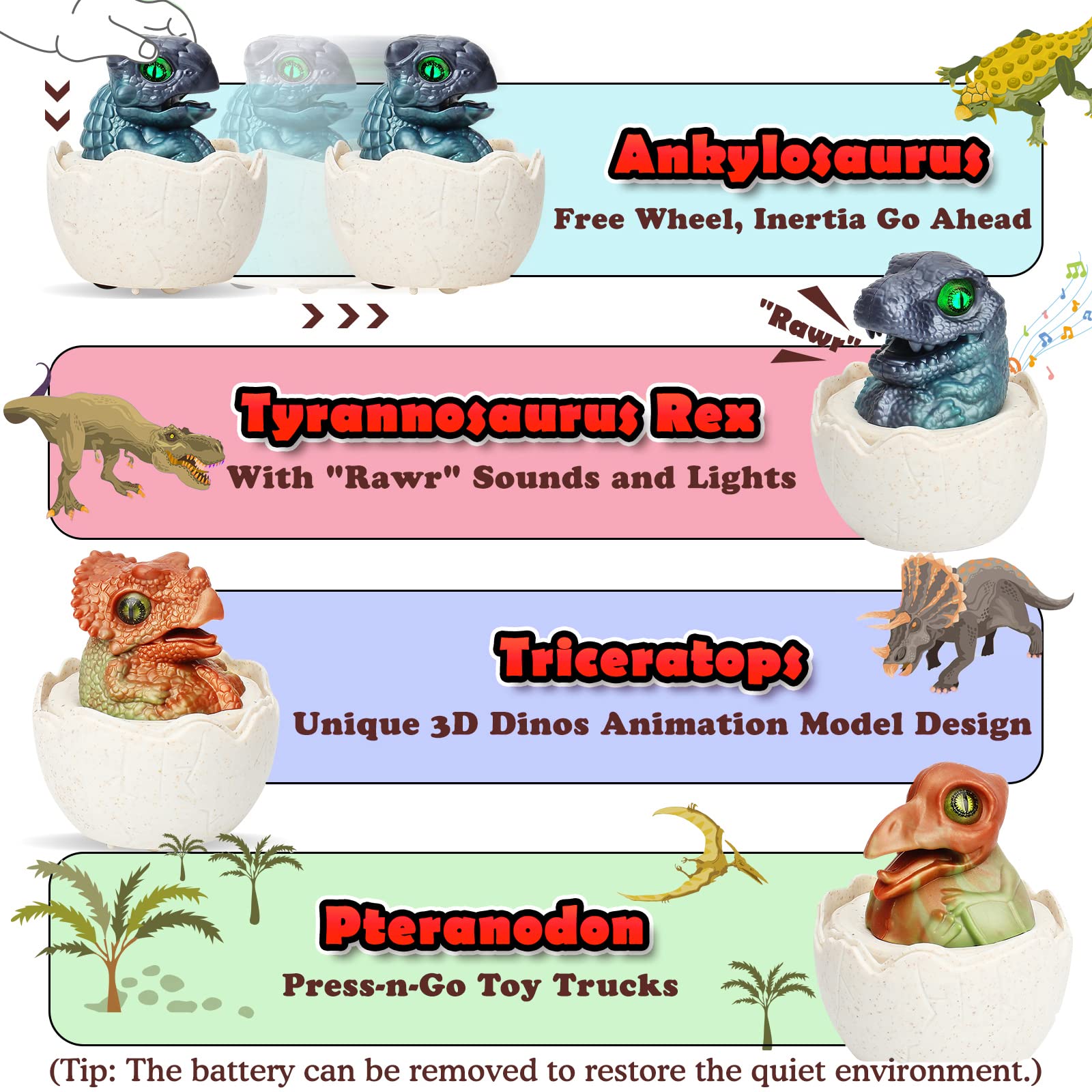 zinat Dinosaur Easter Eggs, 4 Eggs with Dinosaurs Inside, Basket Stuffers, Sound and Light Function - Best Birthday Party Gifts Toys for Kids 3 5 6 7 Year Old
