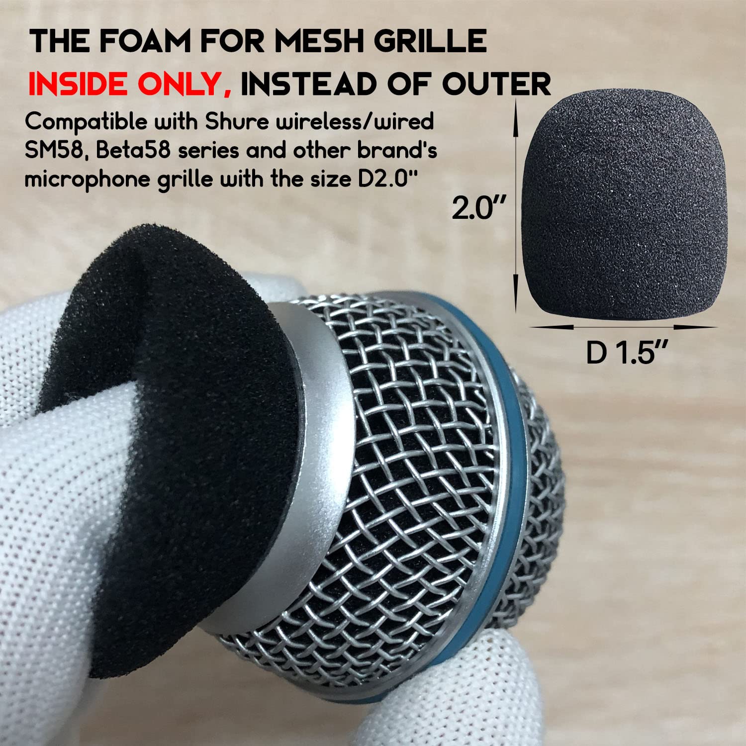 Rhino Xceros Windscreen Foam Replacement for Shure Beta58 SM58 Handheld Microphone Head Grille Inside, 2 Pack Black M58F2 0