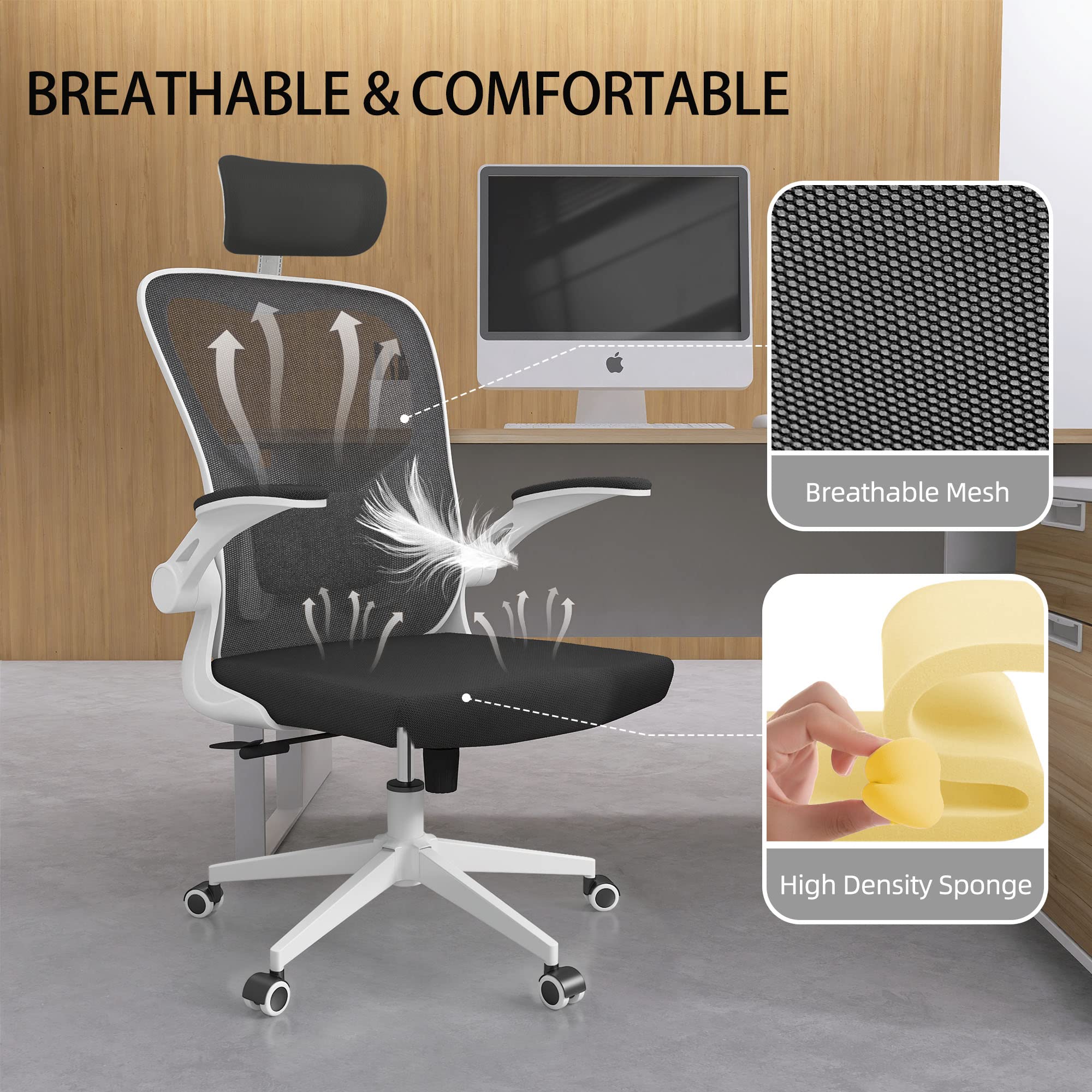 Monhey Office Chairs, Ergonomic Office Chair, Computer Chair with Adjustable Headrest, Lumbar Support, 2D Flip-up Armrest, Khaki Mesh Office Chair