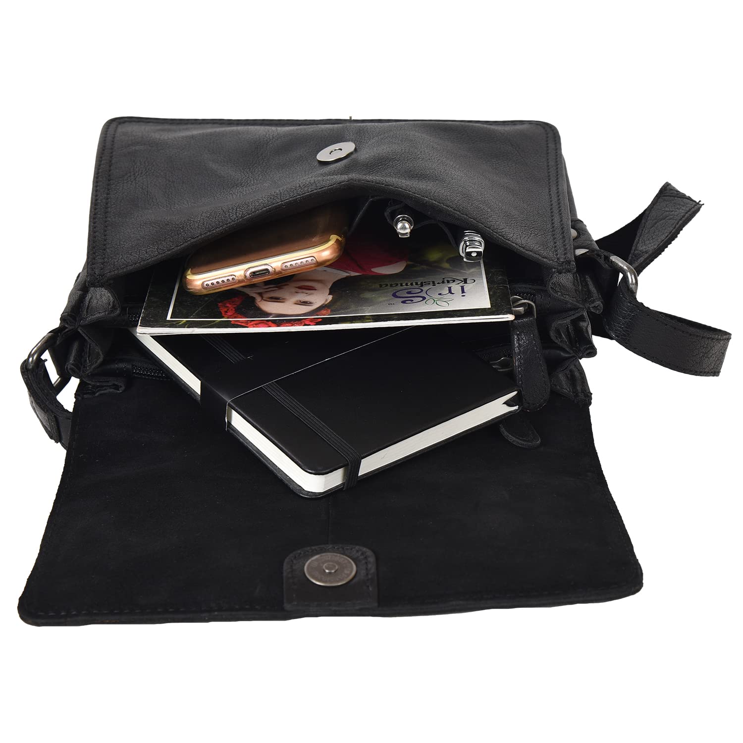 Zinda Genuine Leathers Women’s Handbag Flapover Crossbody Shoulder Sling Multipocket (Ebony)
