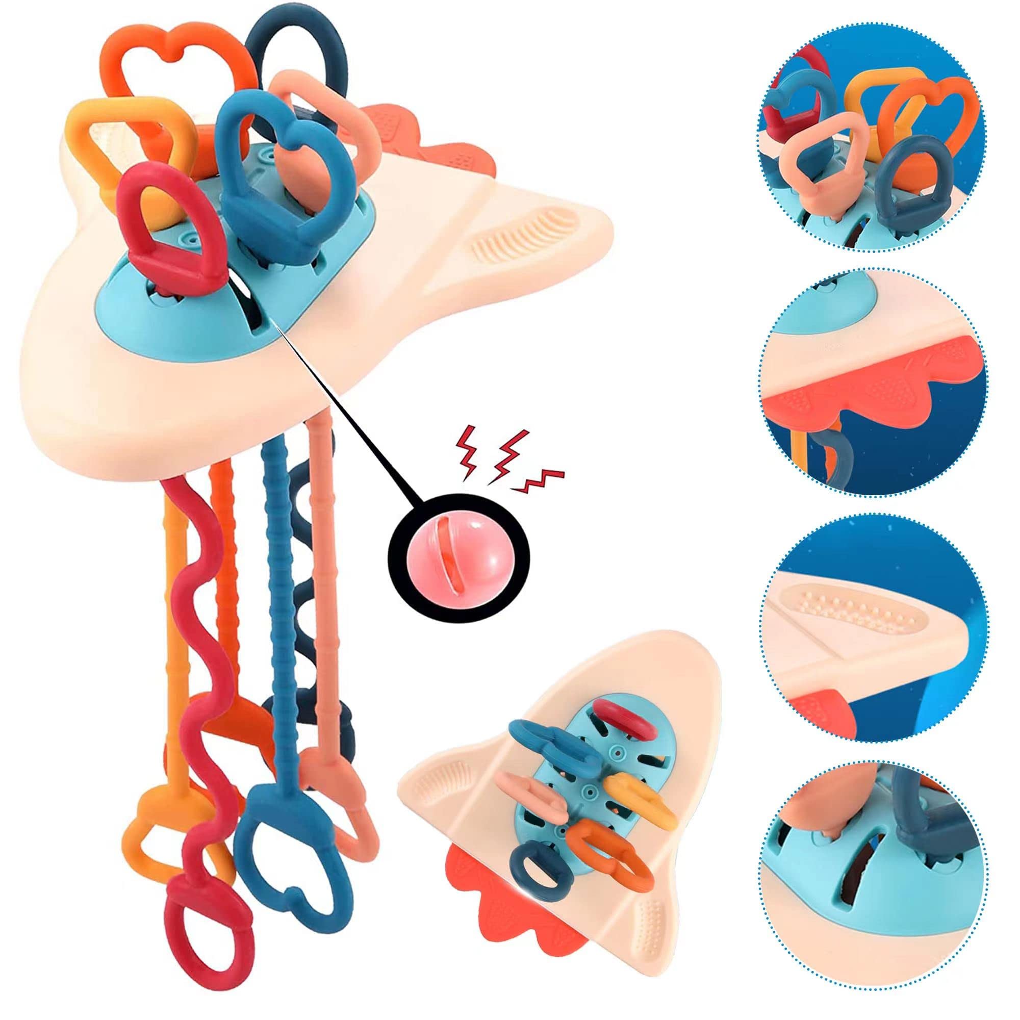 Silicone Pull String Interactive Toy, New 3-in-1 Teething Teether, Rattles ,Silicone Toys, Hidden Surprise Toys for Kids,Toys for Boys/Girls/Toddlers/Baby Age 18 M+