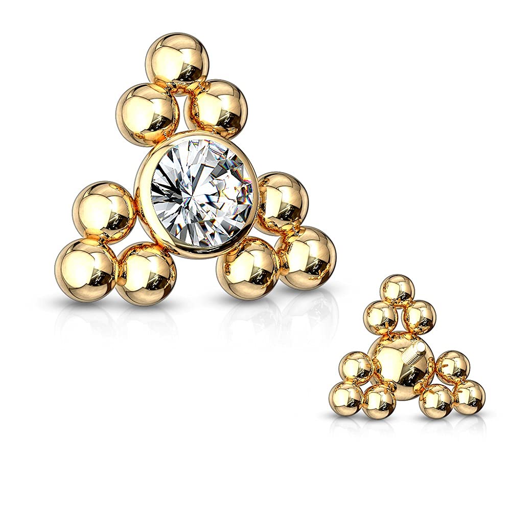 Pierced Owl 14GA Stainless Steel Internally Threaded CZ Crystal Center Triangle Ball Clusters Dermal Anchor Top (Gold Tone)