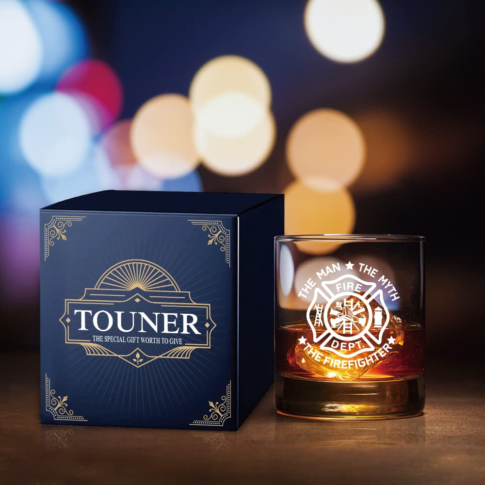 TOUNER The Man The Myth Whiskey Glasses, Firefighter Whiskey Glass, Fireman Whiskey Glass Gift, Firefighter Present For Retirement, Graduation, Birthday