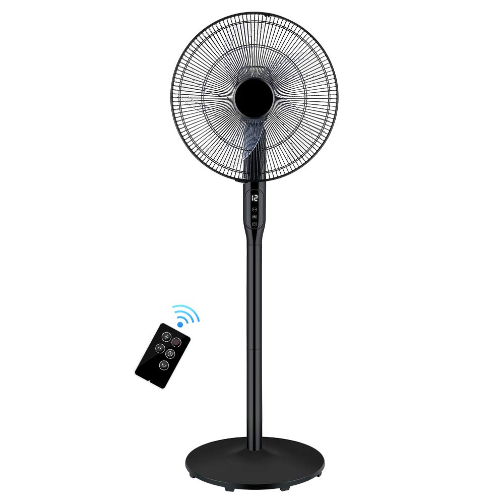 Pedestal Fan - Oscillating Standing Fan with Remote Built-in Powerful 12 Speed Settings and Timer - Adjustable Height and Tilt - Quiet DC Motor Stand Floor Fan for Bedroom and Home Office Use - Black