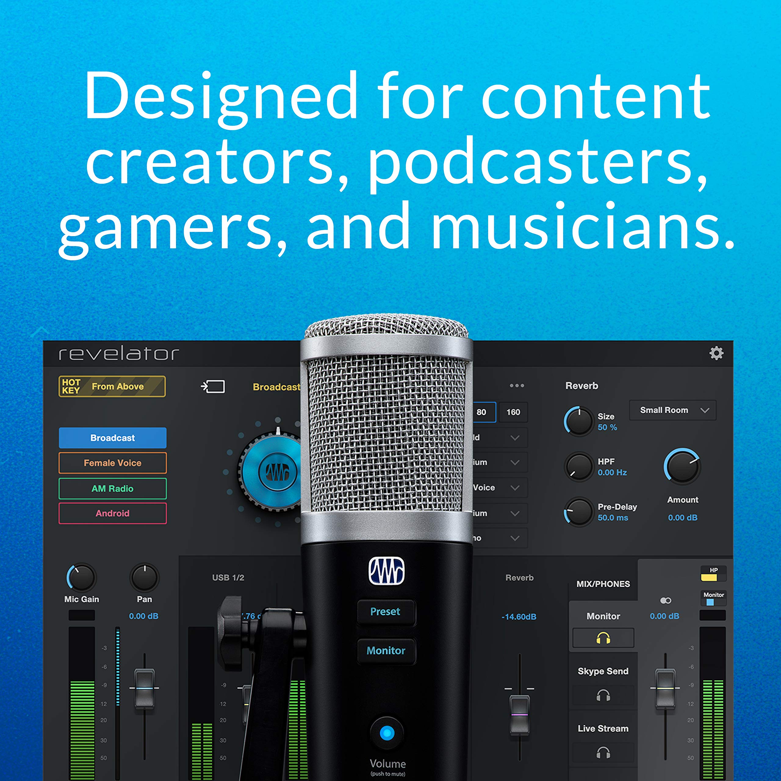 PreSonus Revelator USB Condenser Microphone for podcasting, live streaming, with built-in voice effects plus loopback mixer for gaming, casting, and recording interviews over Skype, Zoom, Discord