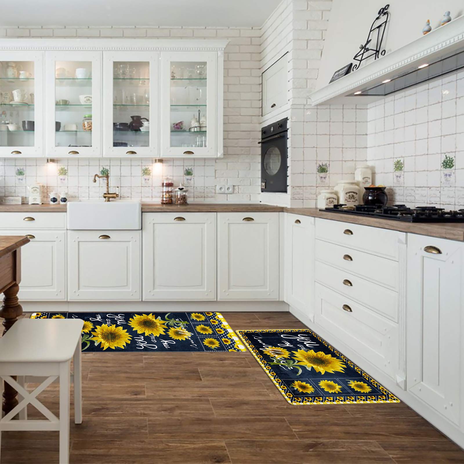 Sunflower Kitchen Rugs and Mats Set of 2 Area Runner Farm Floral Floor Bath Rugs Comfort Soft Standing Doormat Non Slip Carpet Black and Yellow