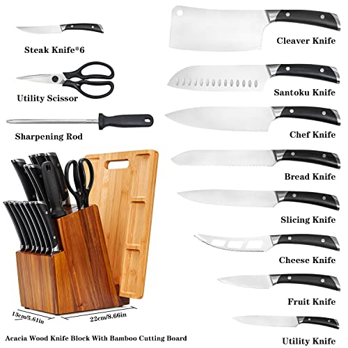 Wood Knife Block Set, 18 Pieces Kitchen Knife Set With Acacia Wood Knife Block, Cutlery With Knife Sharpener&14 Knives, Shear and 1pcs Bamboo Cutting Board Included For KitchenâŚ