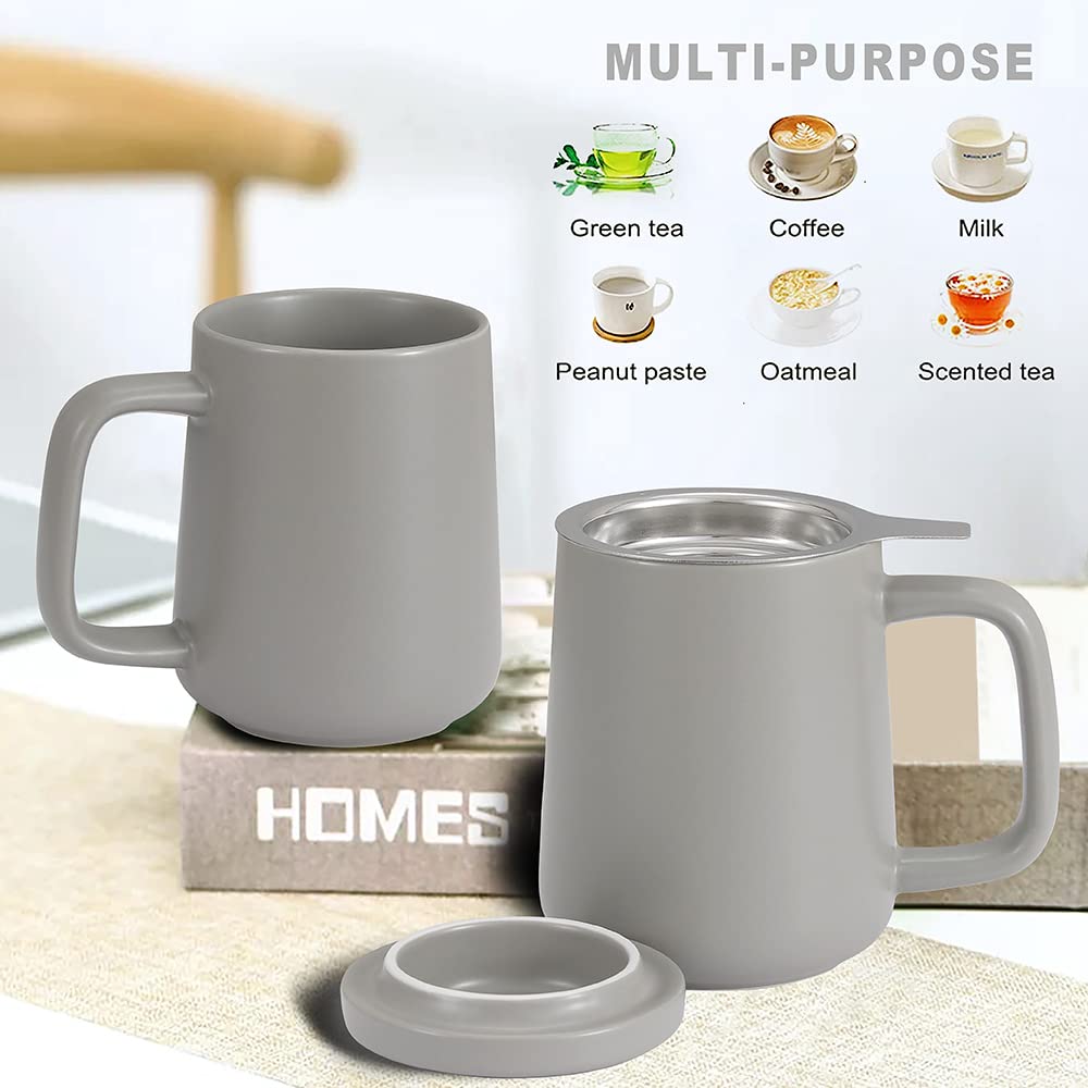 Tea Te Ching Ceramic Tea Cup - 16 Oz Tea Mug with Infuser and Lid | Stainless Steel Tea Strainer for Steeping Loose Leaf Tea | Elegant Tea Infuser Mug | Coffee Cups with a Beautiful Gift Box, Grey