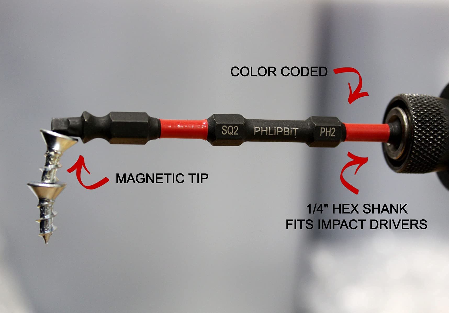 PHLiPBiT - Double-End, Impact Rated Screwdriver Power Bit, IRPB6SQPH2-5, SQ2+PH2, 6 INCH, 5pk. (SQ2 Red drives #8/10 Square + PH2 Blue drives #8/10 Phillips Screw)