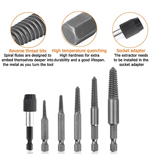 YUENTOEN Stripped Screw Extractor - 5pcs HSS Easy Out Broken Bolt Extractor Kit with Extension Screw Holder, Damaged Bolt Water Pipe Remover Set Power Drill Bit Tool for Screw or Bolt 1/8 to 3/4 inch